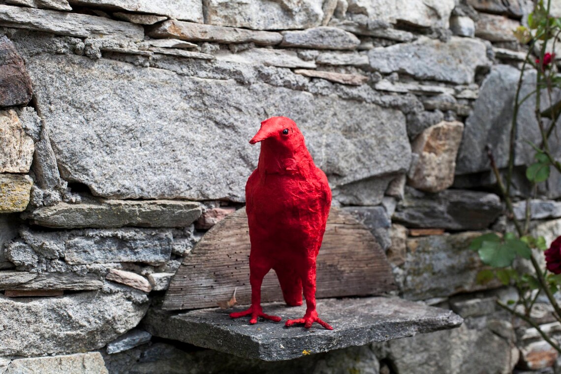 Crow Bird Red Animal Bird Paper Mache Art Red Bird Black | Etsy