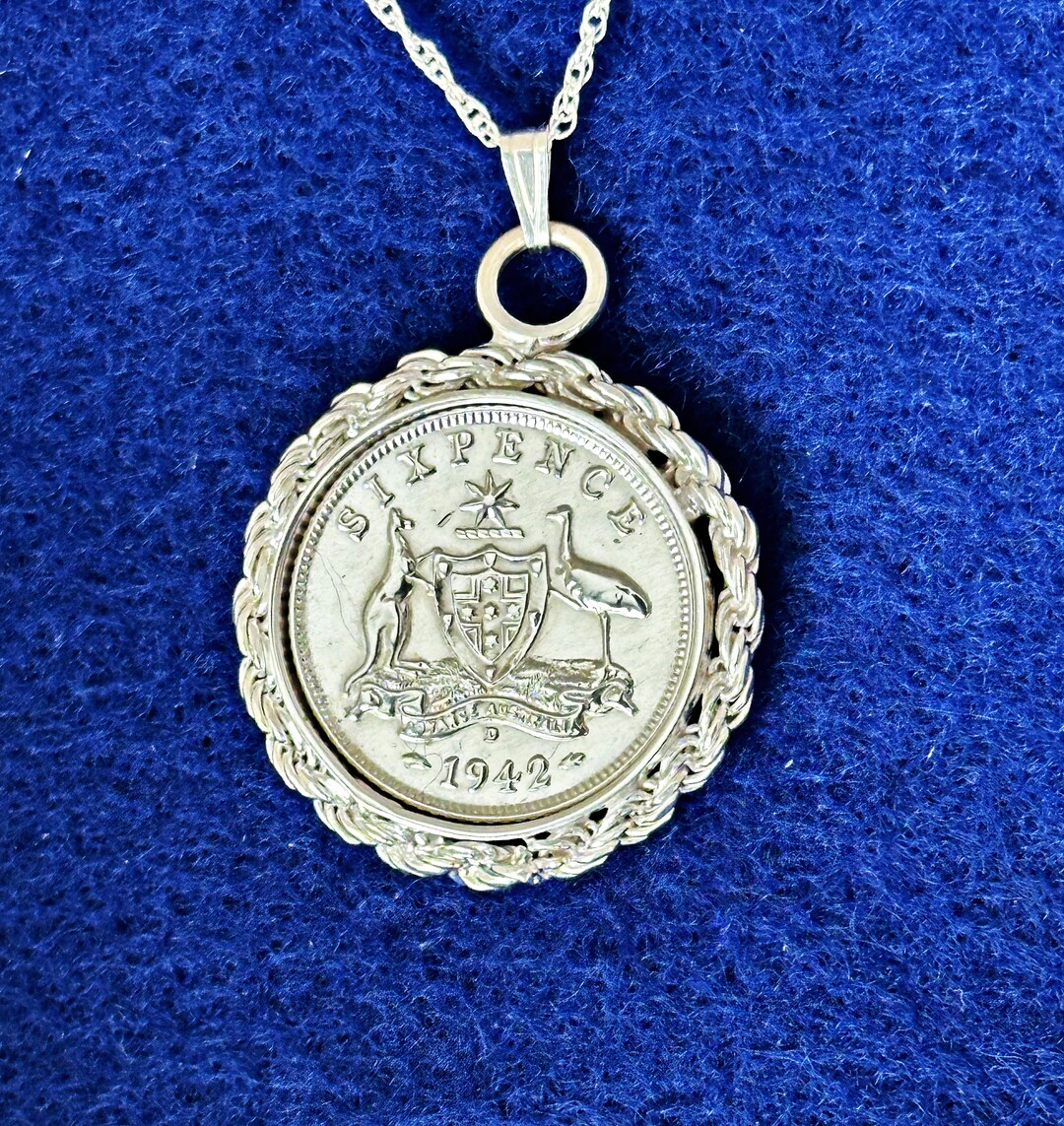 Sterling Silver Australian Sixpence Coin Necklace With Diamond Cut Rope ...