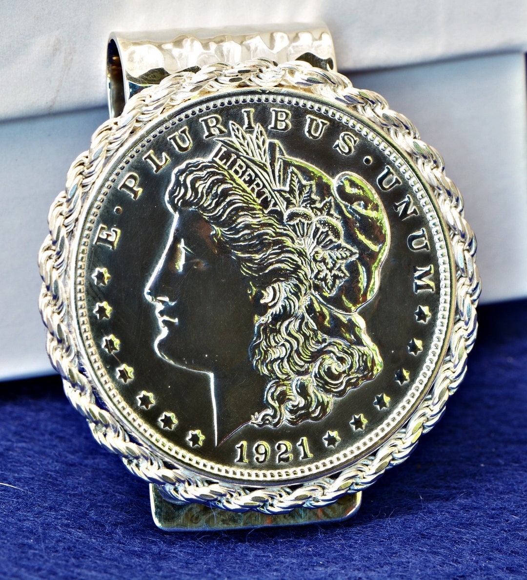 Morgan Silver Dollar Hinged, Hammered Roped Bezel Coin Sterling Silver ...
