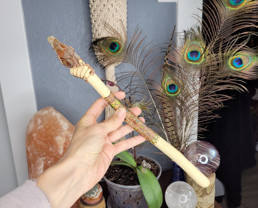 Wooden Wand With Crystal, Angel Phantom Quartz Wand, Shamanic, Apple ...