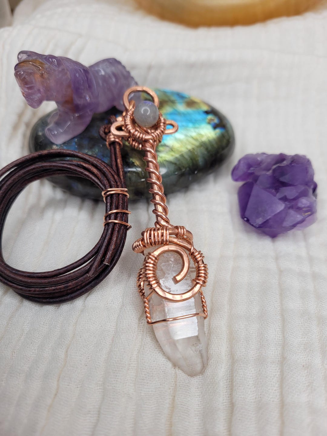 Miniature Lemurian Quartz and Copper Wand Pendant, Labradorite Bead ...