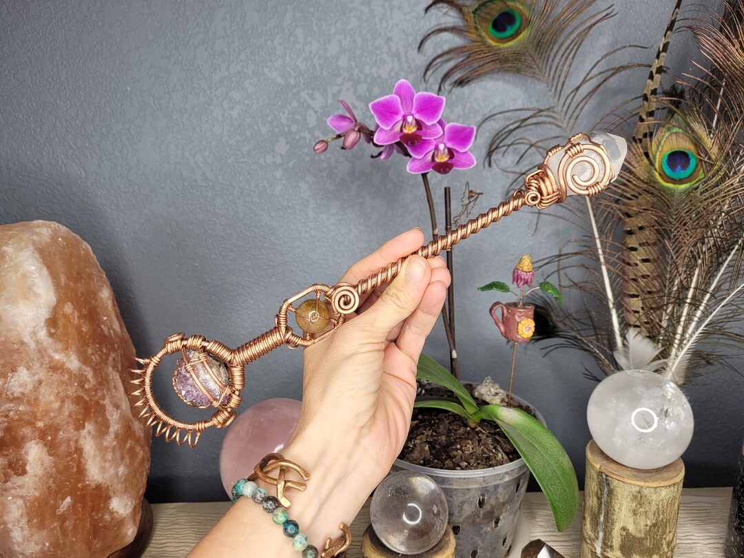 Copper and Crystal Healing Wand, Magic Wand, Lightning Struck Lemurian ...