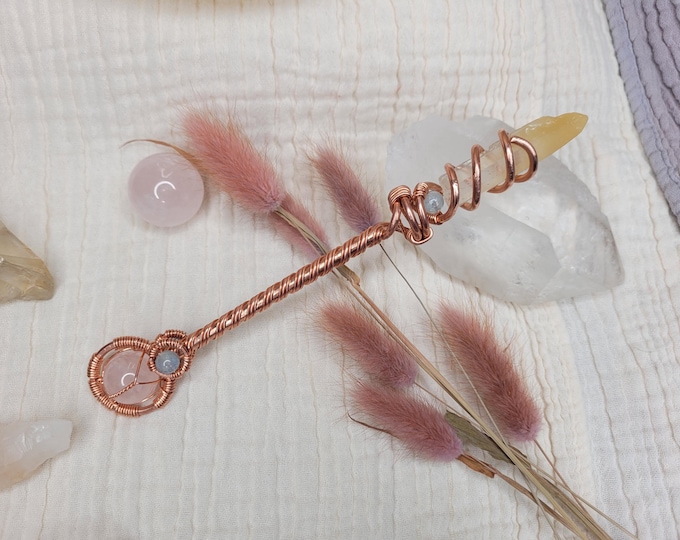 Copper Wand With Rabbit Hair Quartz, Rose Quartz, Aquamarine, Healing ...