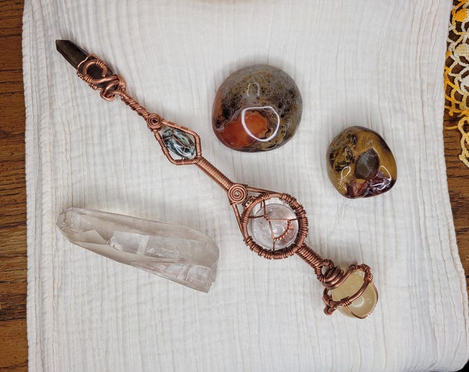 Smokey Lemurian Crystal Copper Wand With Magnets, Natural Gem Crystal ...