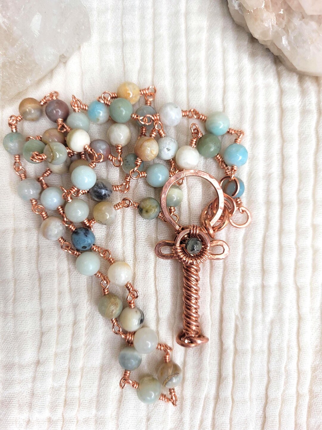 Copper Ankh Pendant on Blue Aragonite Hand Beaded Copper Chain ...