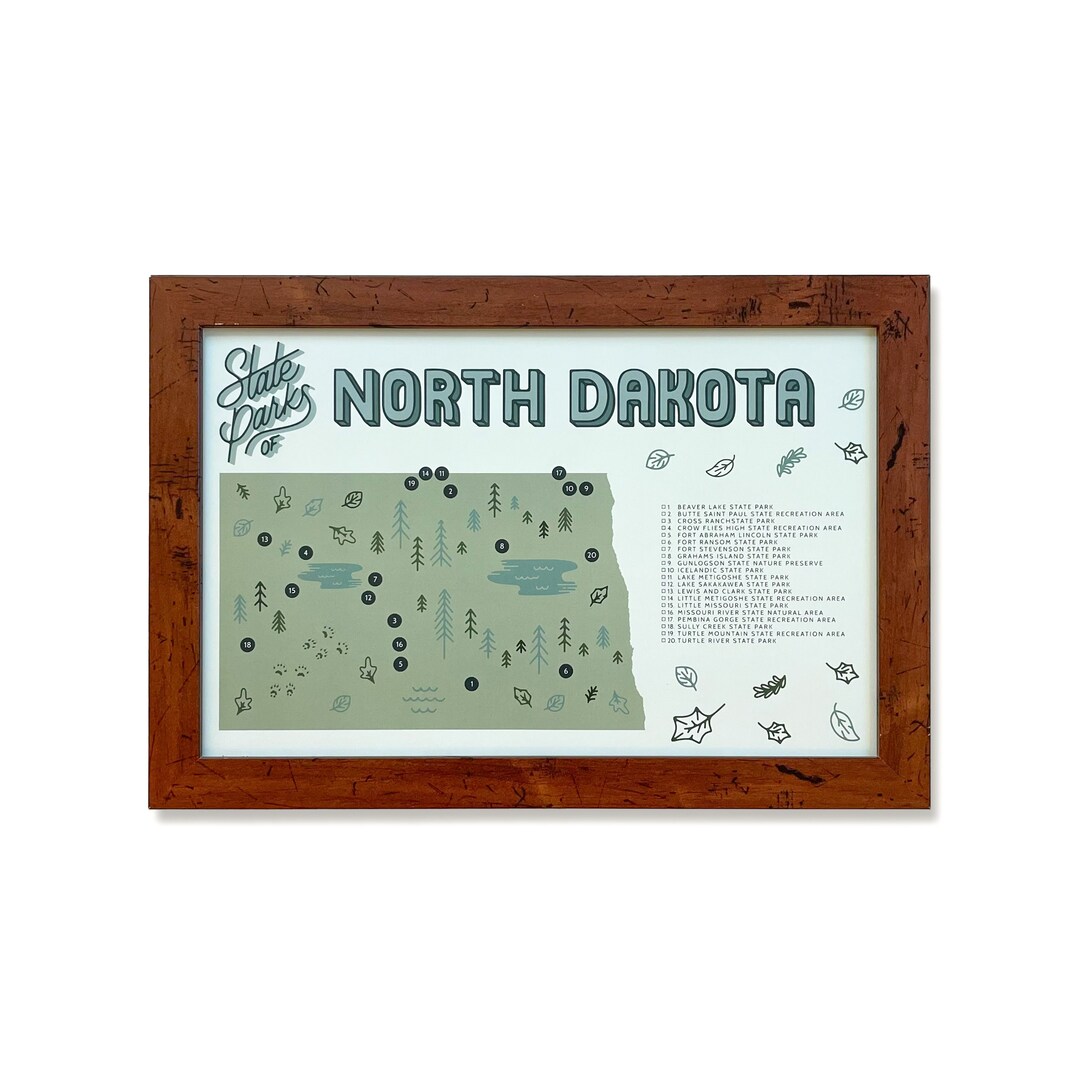 North Dakota State Parks Map & Checklist | Vintage Green | 11x17" Print ...