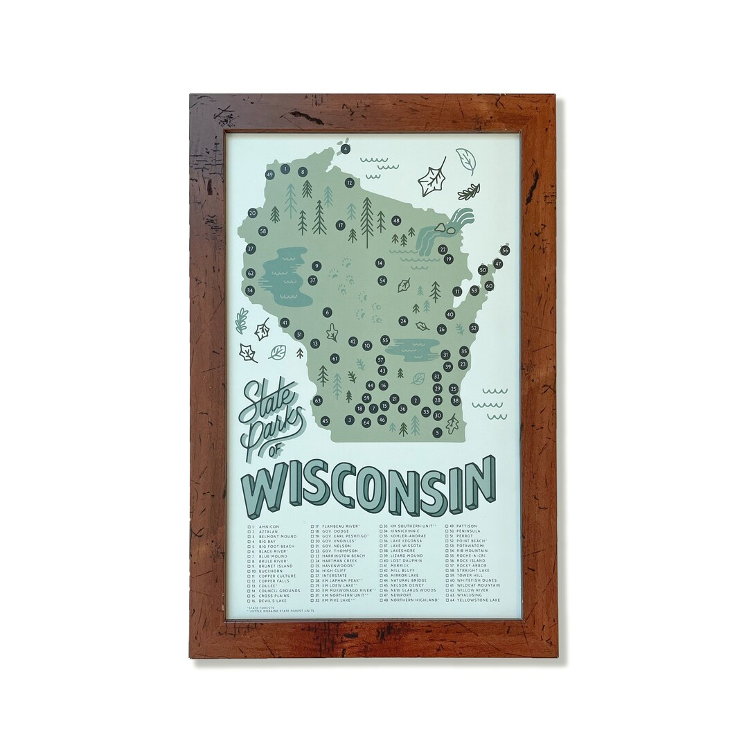 Wisconsin State Parks Map & Checklist | Vintage Green | 11x17" Print - Etsy
