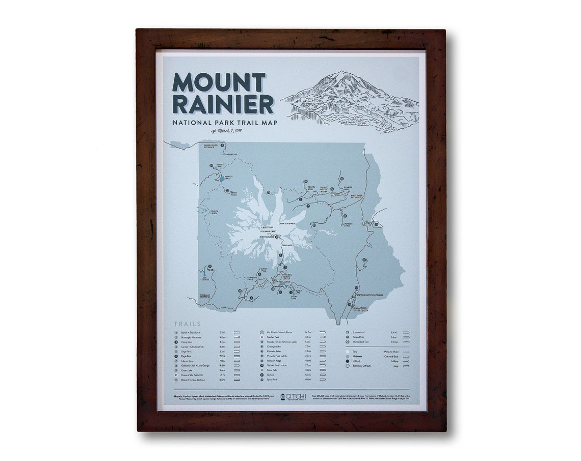 Mount Rainier National Park Trail Map | 18x24" Print - Etsy
