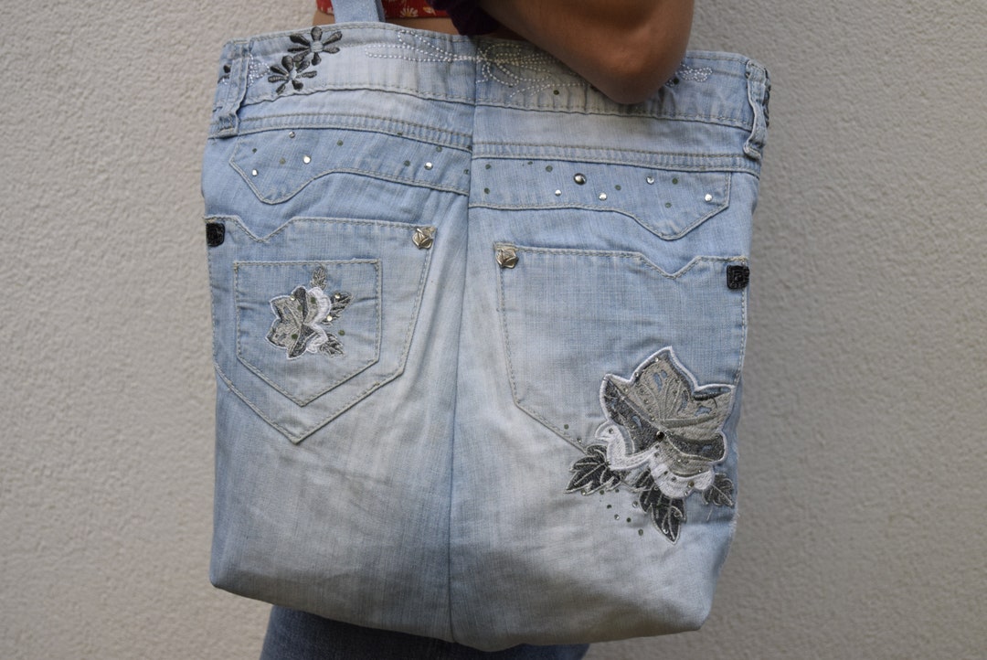 Embroidered Denim W Floral Ornament,tote Bag With Flowers Has Long ...