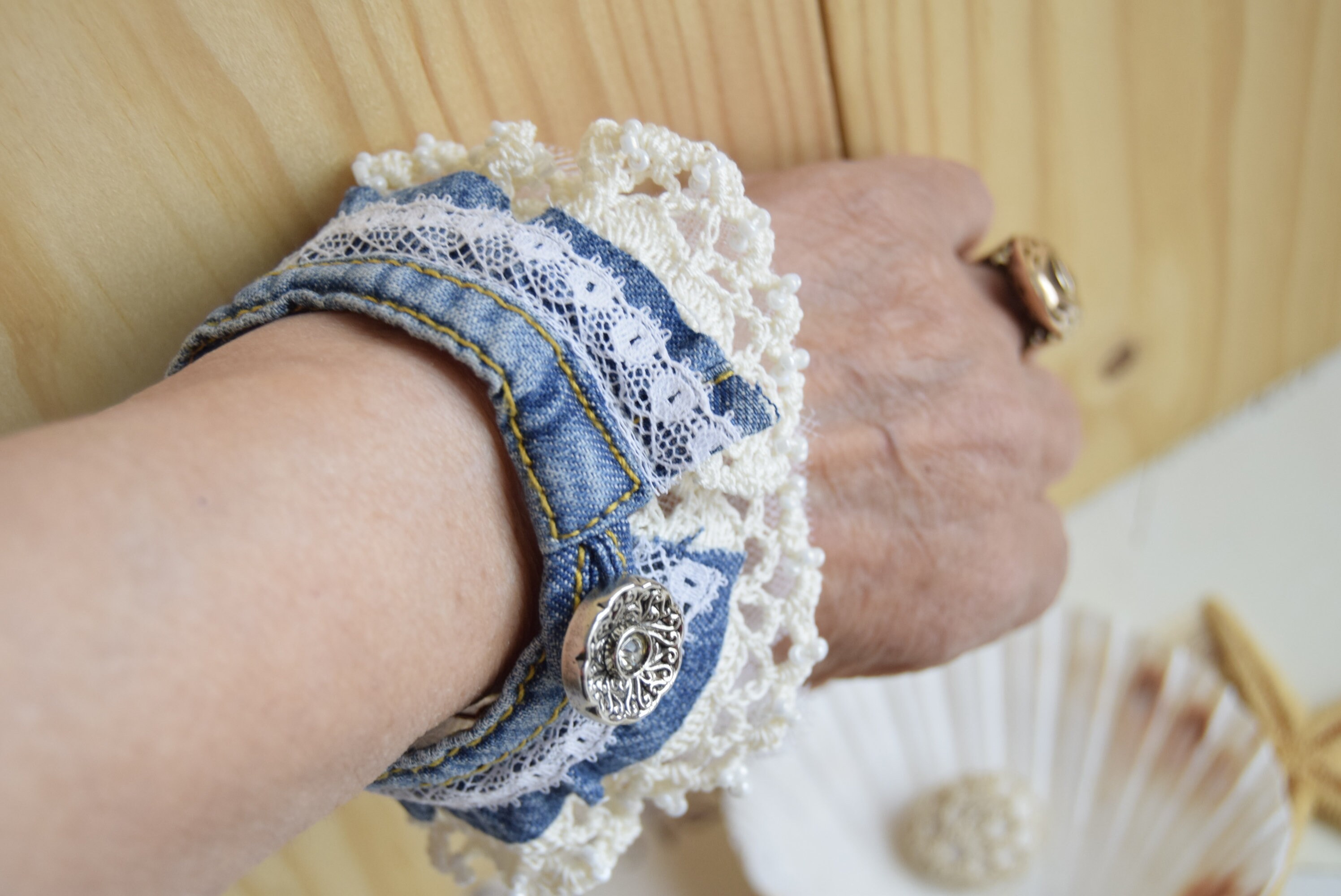 Denim Bracelet Crocheted Lace With Beads and White Tulle ,blue Jeans ...