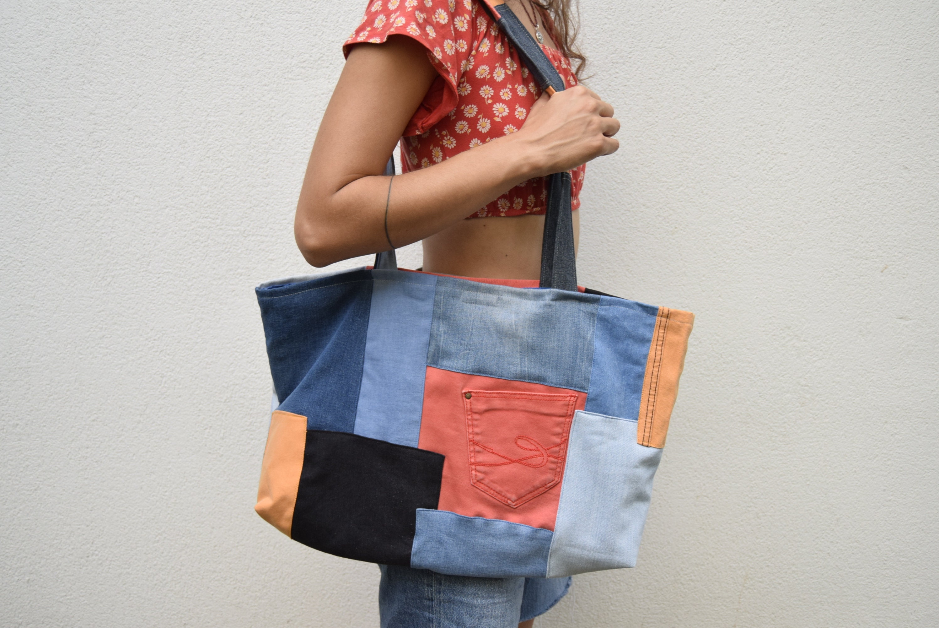 XL Patchwork Denim Bag,upcycled Denim Tote Bag,summer Denim Bag,slouchy ...