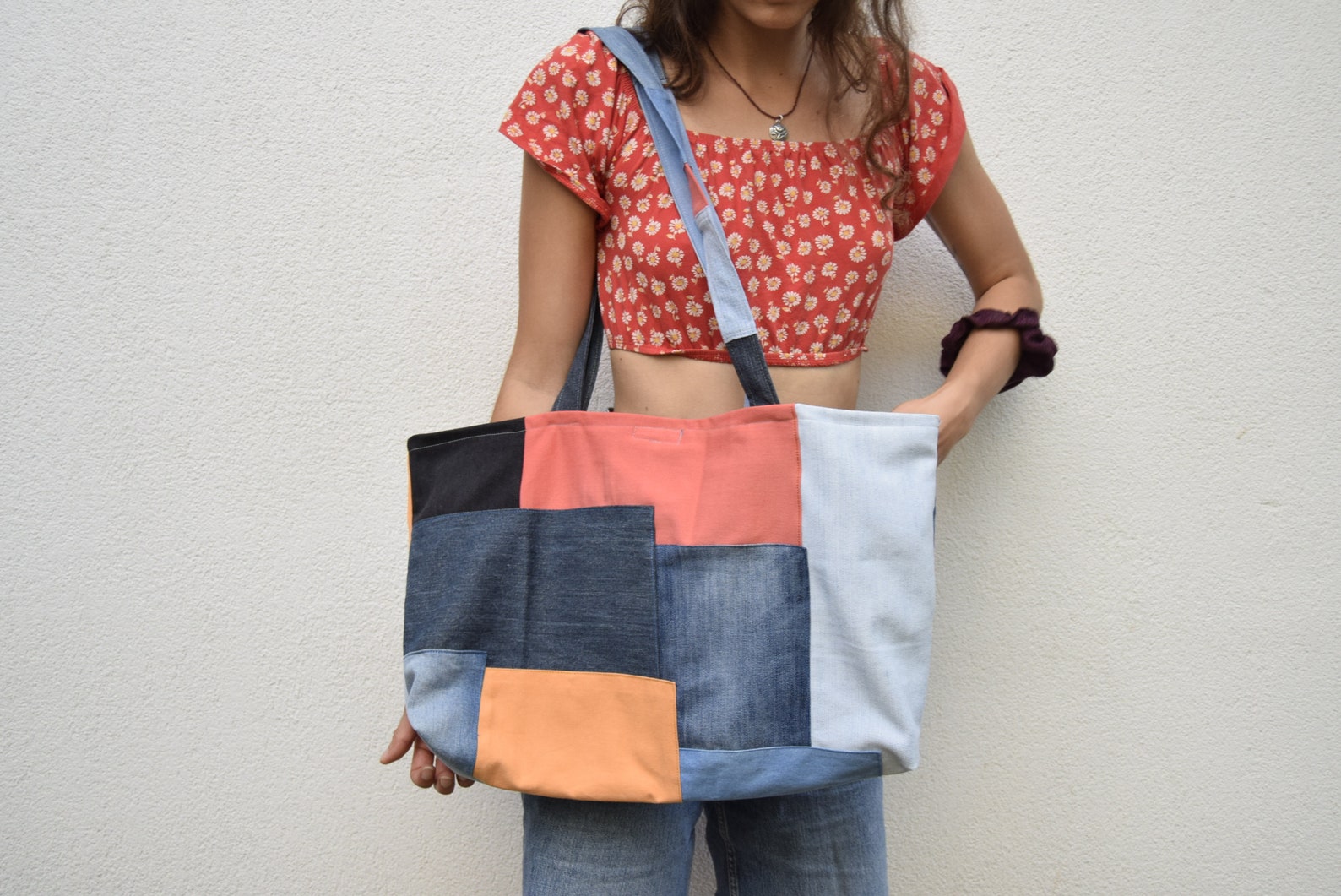 XL Patchwork Denim Bag,upcycled Denim Tote Bag,summer Denim Bag,slouchy ...