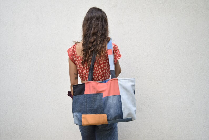 XL Patchwork Denim Bag,upcycled Denim Tote Bag,summer Denim Bag,slouchy ...