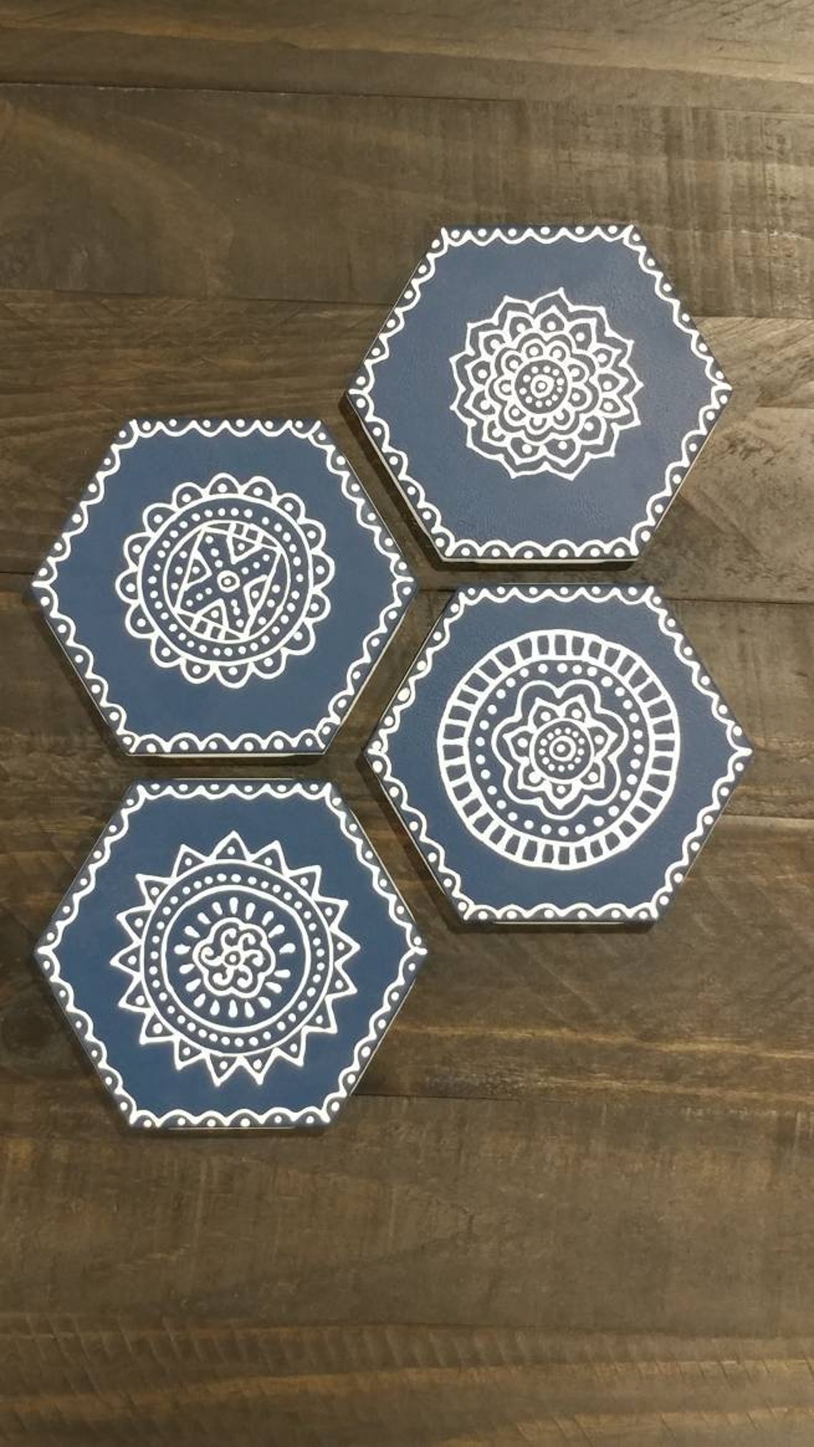 Hexagon Mandala Ceramic Tile Coasters Set of 4 Indian Henna | Etsy