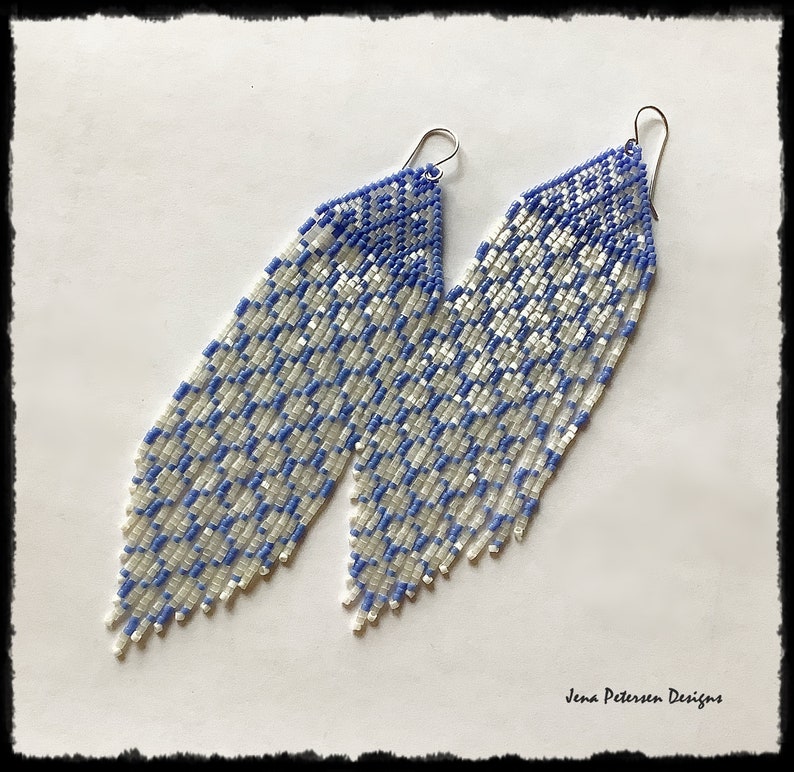 LONG BEADED BLUE Fringe Statement Earrings, 2 Lengths, Honeycomb Cream ...