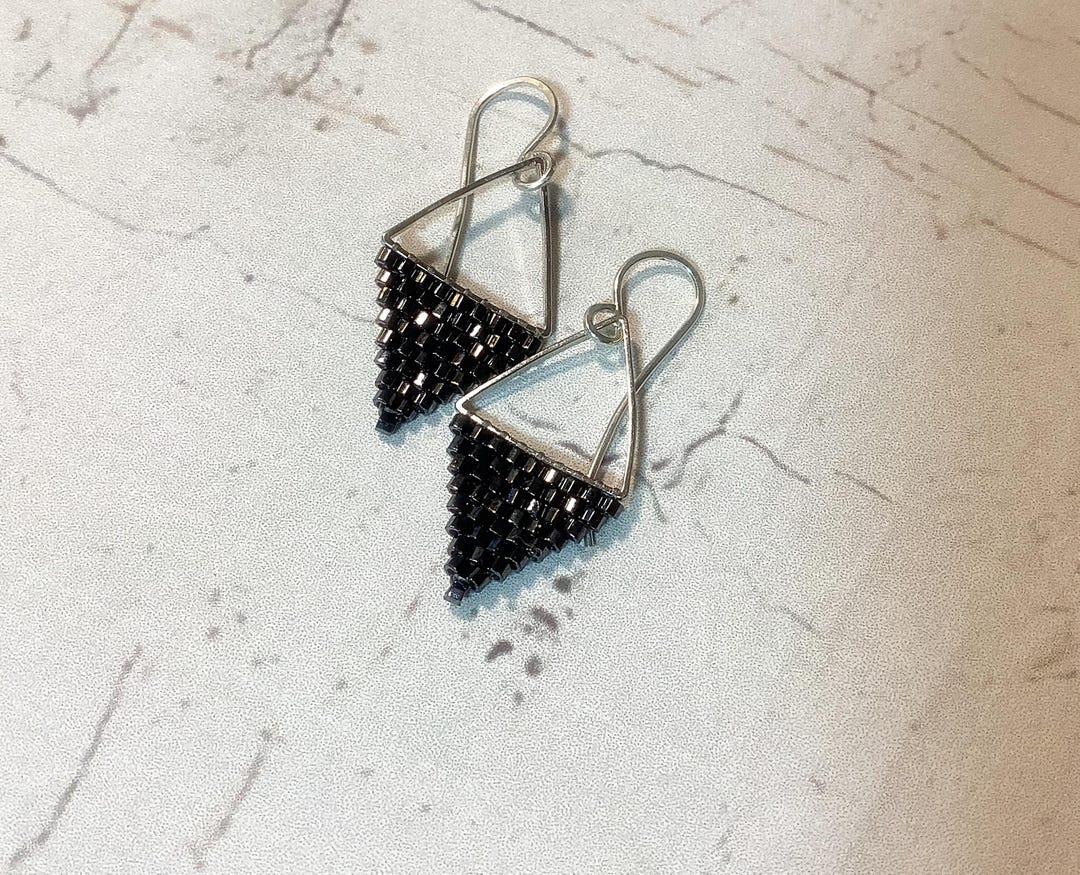 SMALL TRIANGLE BEADED Earring, Gun Metal Pendant Earring on Rhodium ...