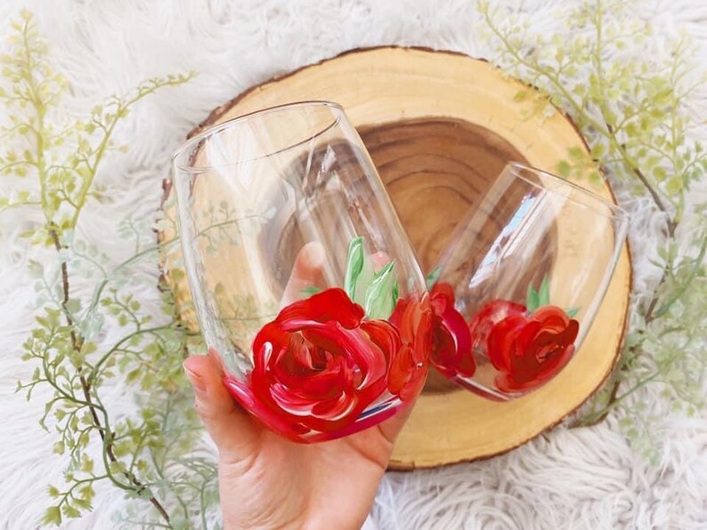Rose Wine Glasses Floral Wine Glasses Flower Wine Glasses Etsy