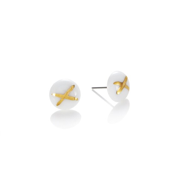 White Porcelain Round Studs With 22k Gold Dip - Etsy