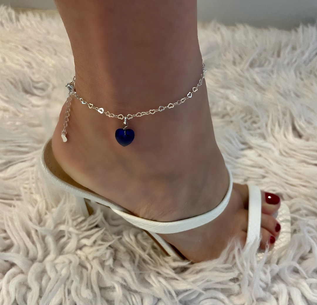 Something Blue for Bride Sterling Silver Heart Anklet, Silver Ankle ...