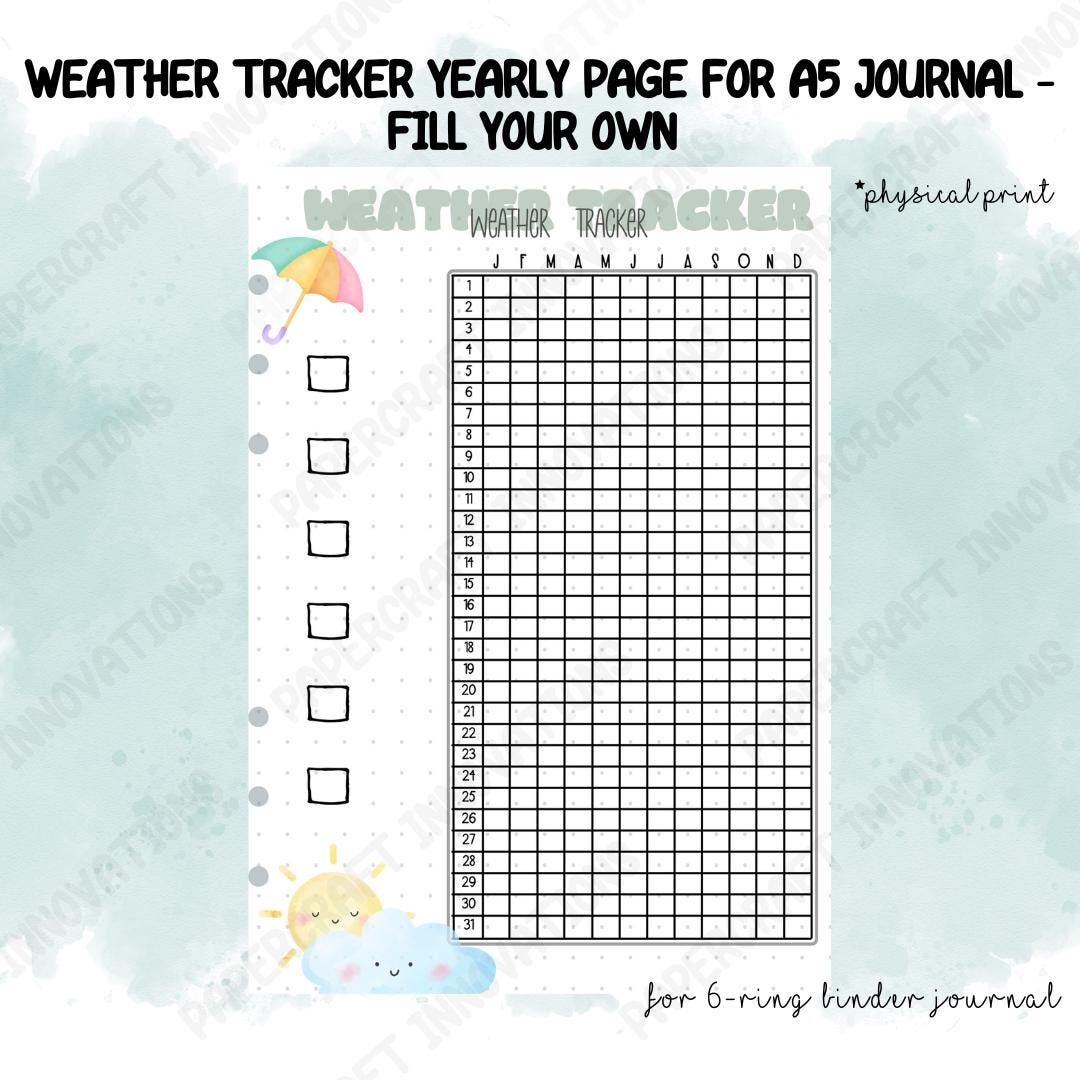 A5 Weather Tracker Sheet, Pre Made Bullet Journal Page, Yearly Guided ...