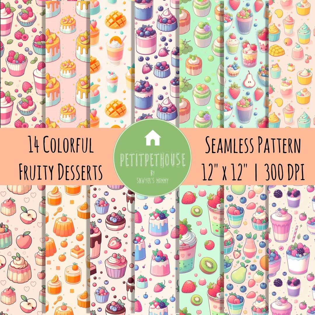 14 Fruity Desserts Digital Pattern, Chocolate, Berries, Mango, Orange ...