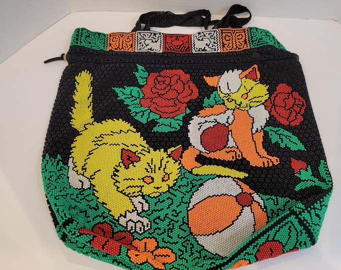 Vintage Beaded Neon Cats Playful Cats Handbag 70s Hobo Shoulder Bag ...
