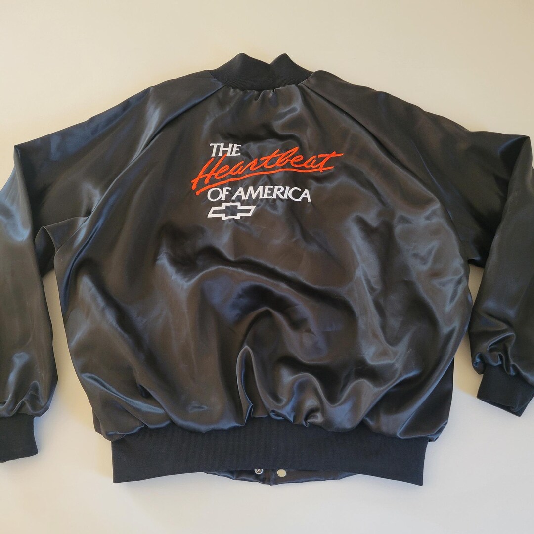 Vtg 80s Chevrolet Bomber Jacket Nylon Heartbeat of America Black XL EUC ...