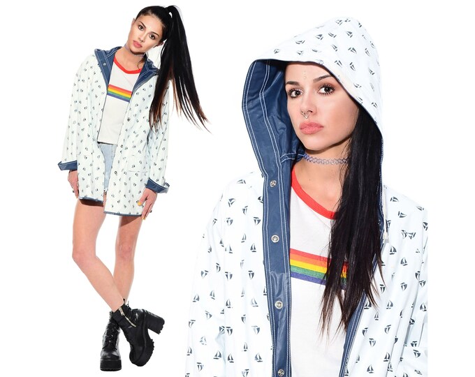 Vintage 70s 80s PVC Vinyl NAUTICAL Sailboats Hooded Reversible Raincoat ...