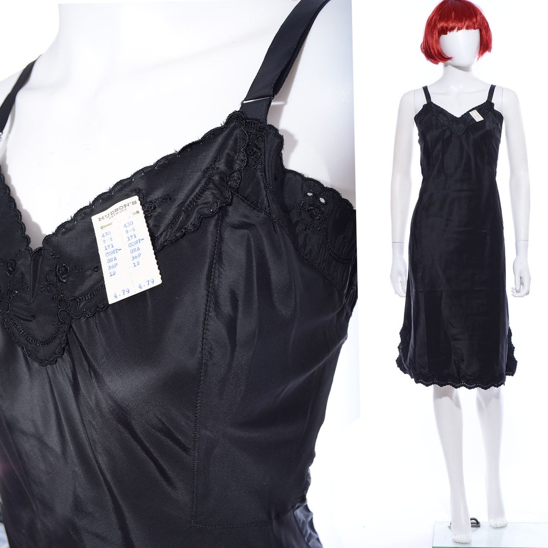 Vintage 50s Barbizon Black Deadstock Nylon Satin Slip Dress Etsy