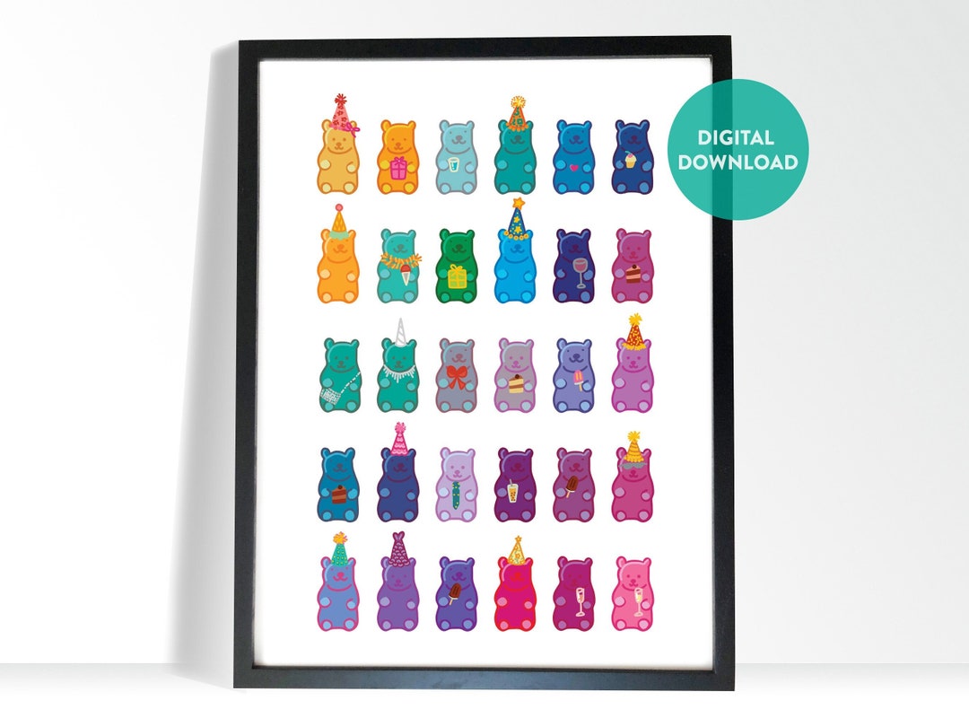 Rainbow Gummy Bears Party Art Print, Colorful Candy Poster (digital ...