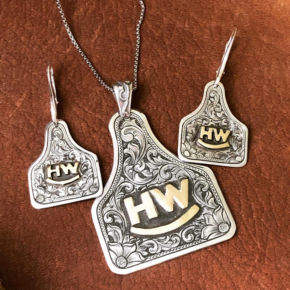 Sterling Silver Ear Tag Pendant & Earring Set - Etsy