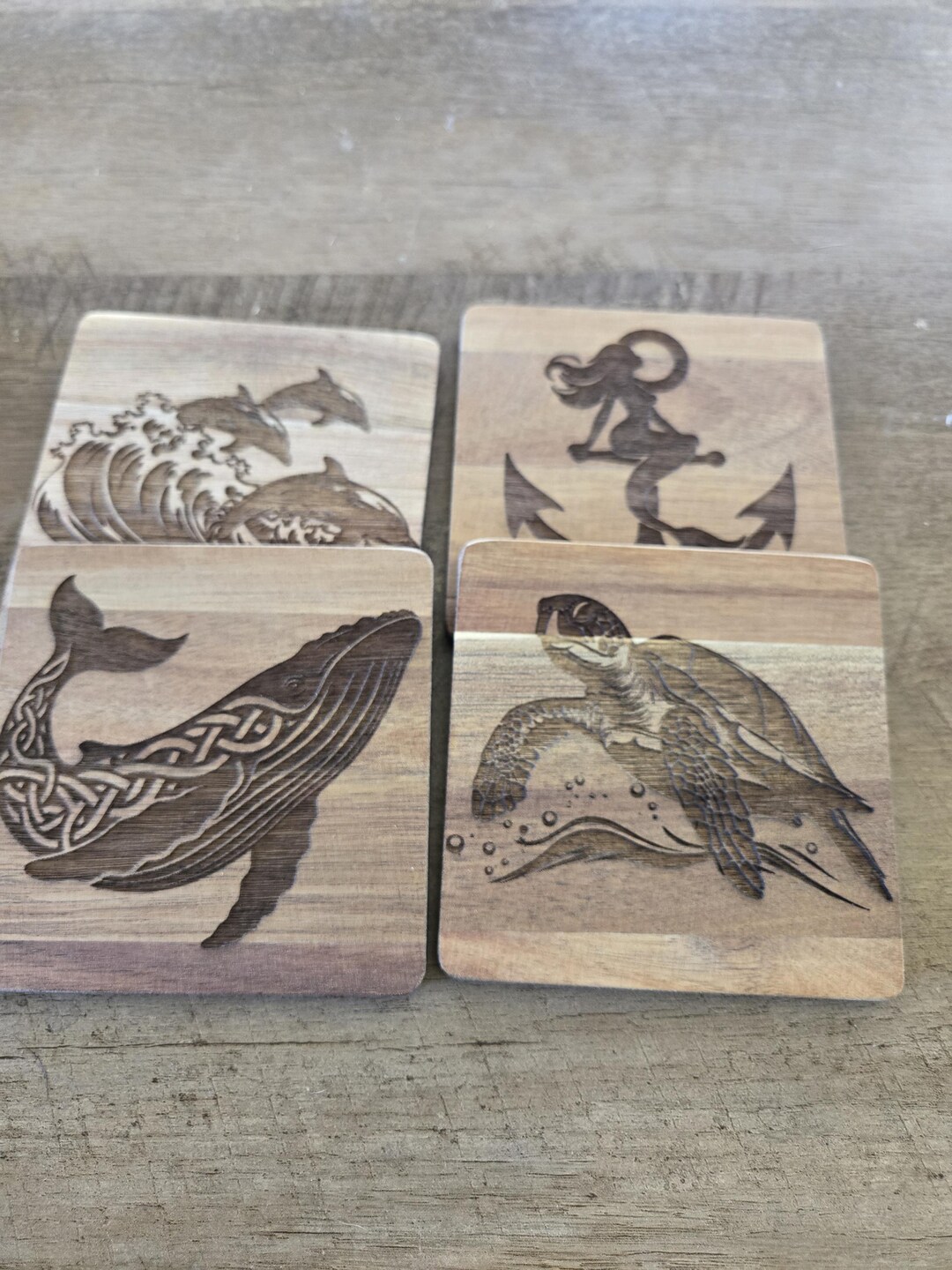 Laser Engraved Wood Coaster Set | Coastal Marine Life Decor - Etsy
