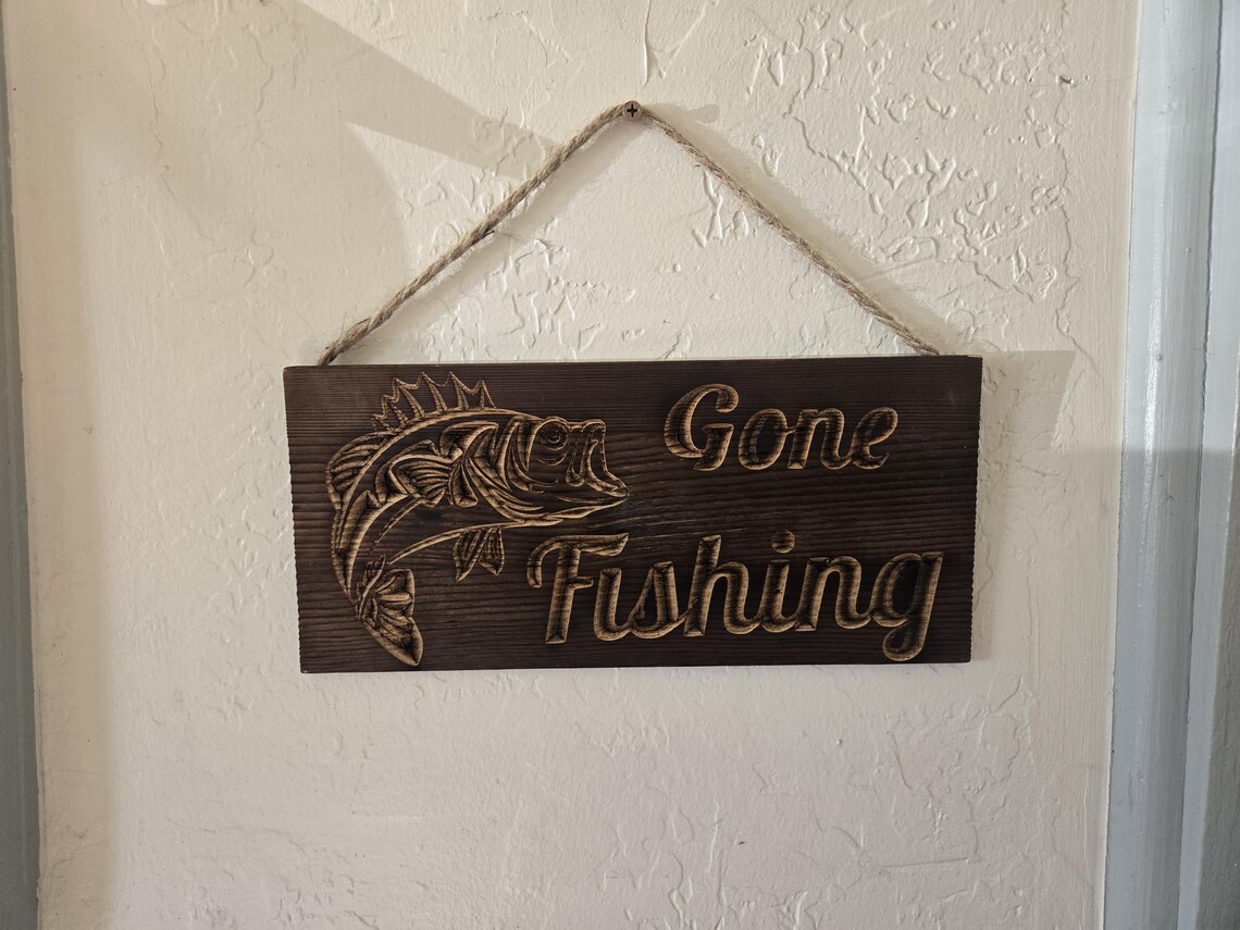 Gone Fishing Sign | Rustic Wood Bass Fish Decor | Laser Engraved Wall ...