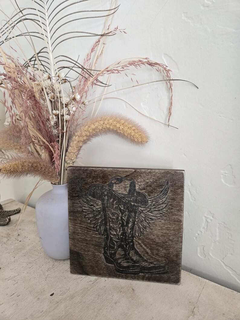 Laser Engraved Cowboy Boots With Wings Wood Sign | Western Decor - Etsy