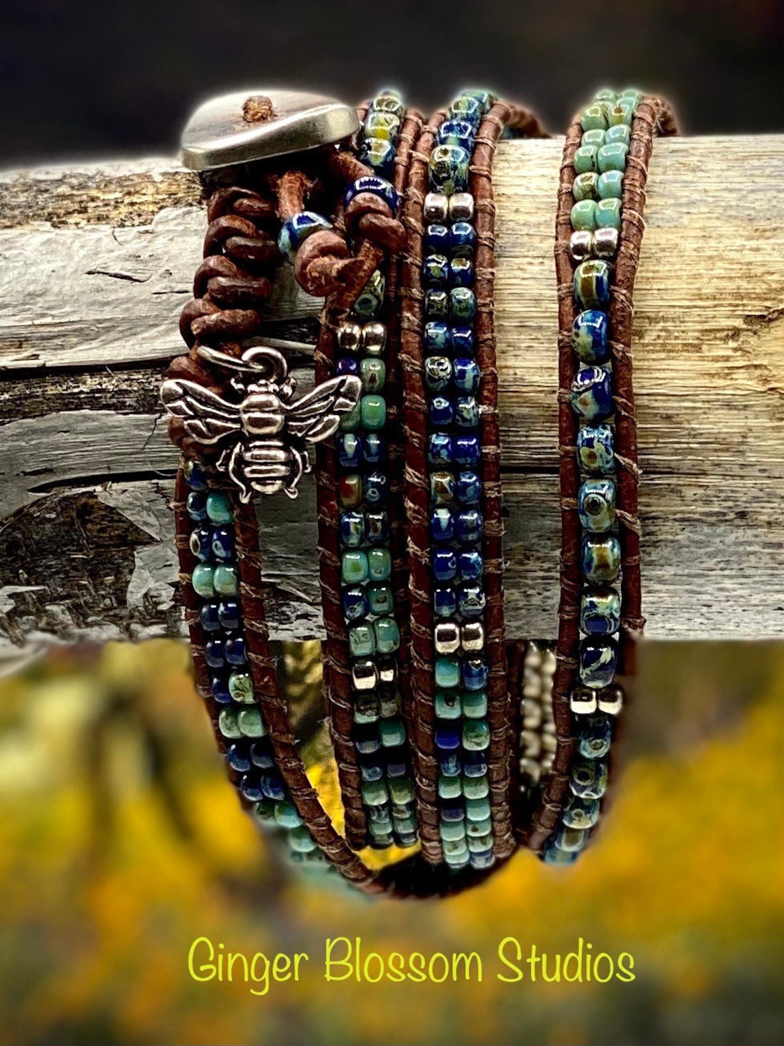Sold! Handcrafted Brown Leather Wrap Bracelet: Blue Beads, Silver Bee ...