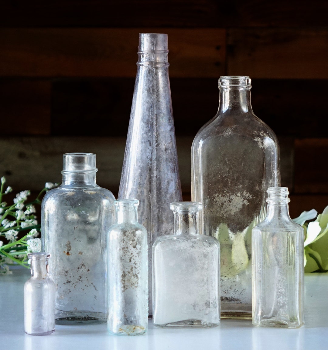 Set of 7 Antique Dirty Clear Glass Bottles/ Medecine Flask TA Lytler ...