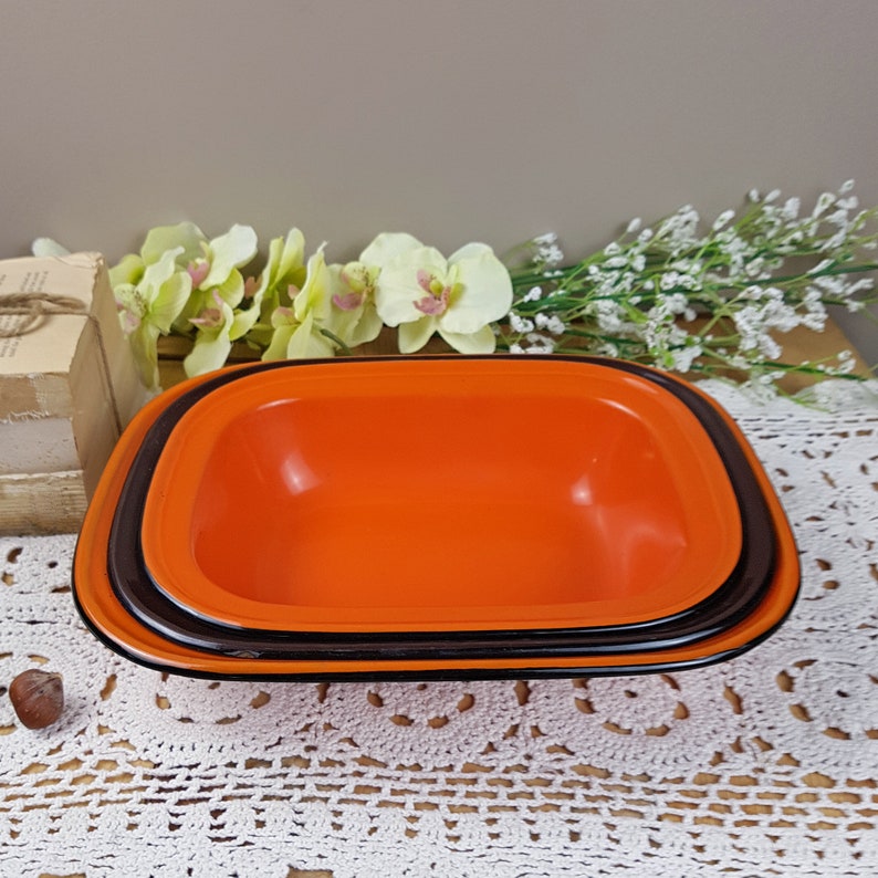 Enamel Rectangle Bowls Set of 3 Nesting Bowls Orange Brown - Etsy