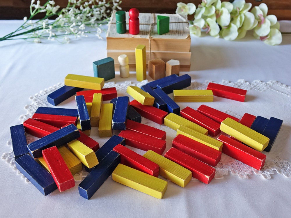 Vintage Wood Blocks Wooden Building Block Set Colourful | Etsy