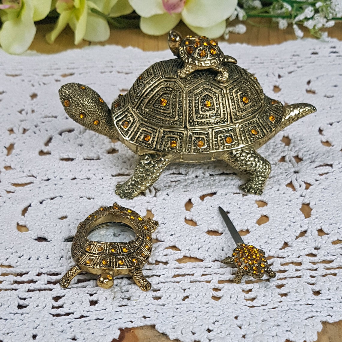 Brass Turtles Set Magnifying Glass Letter Opener Trinket Box Three ...