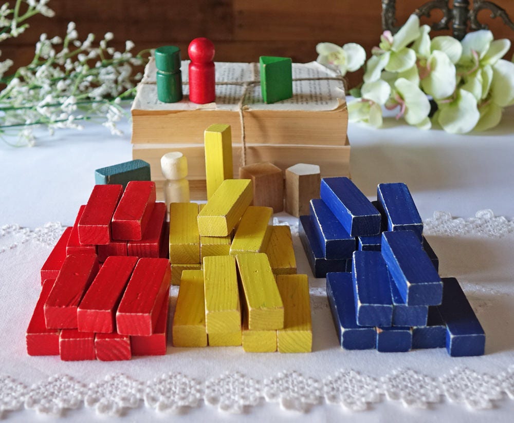 Vintage Wood Blocks Wooden Building Block Set Colourful | Etsy