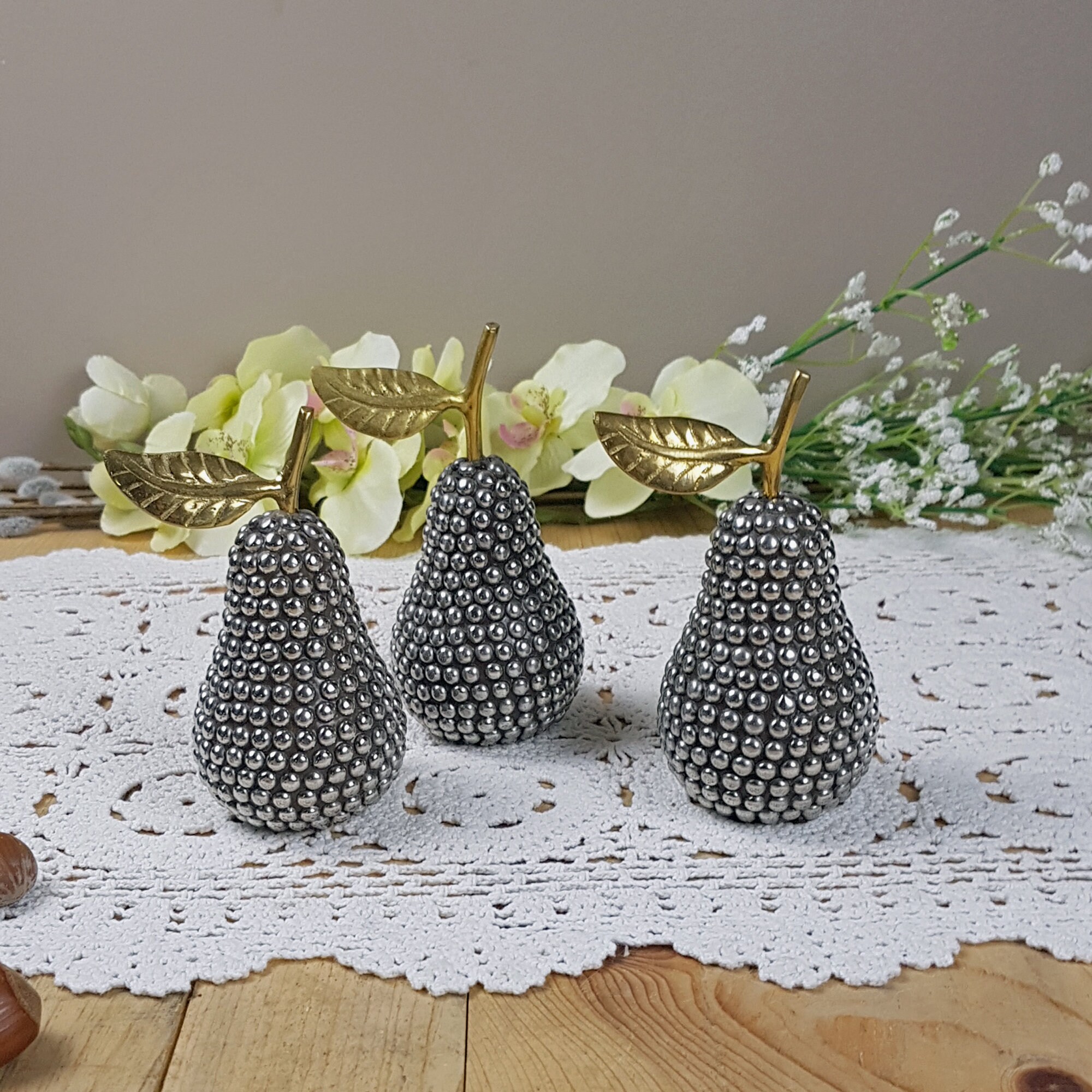 Vintage Beaded Pears Set of 3 Metal Beads Pears Silver and | Etsy