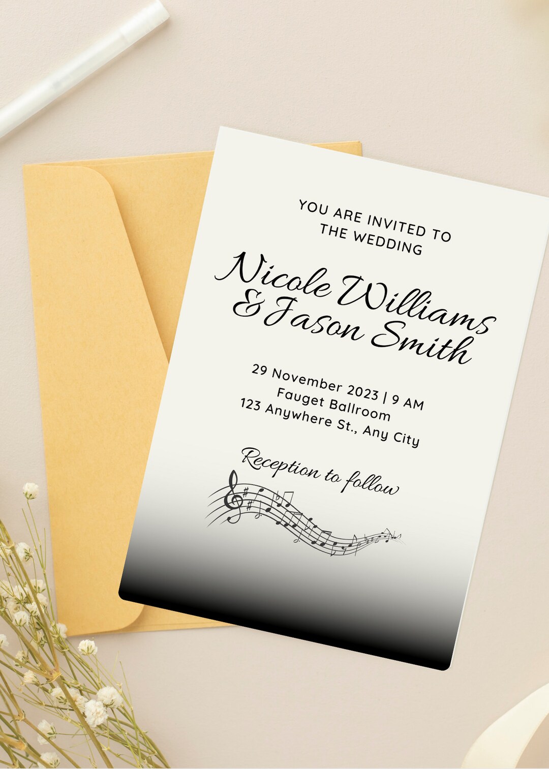 Digital Wedding Invitation, Music Notes Wedding Invitation, Modern ...