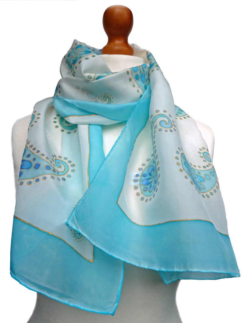 Hand Painted, Silk Scarf, Baby Blue and Vanilla Paisley Design - Etsy UK