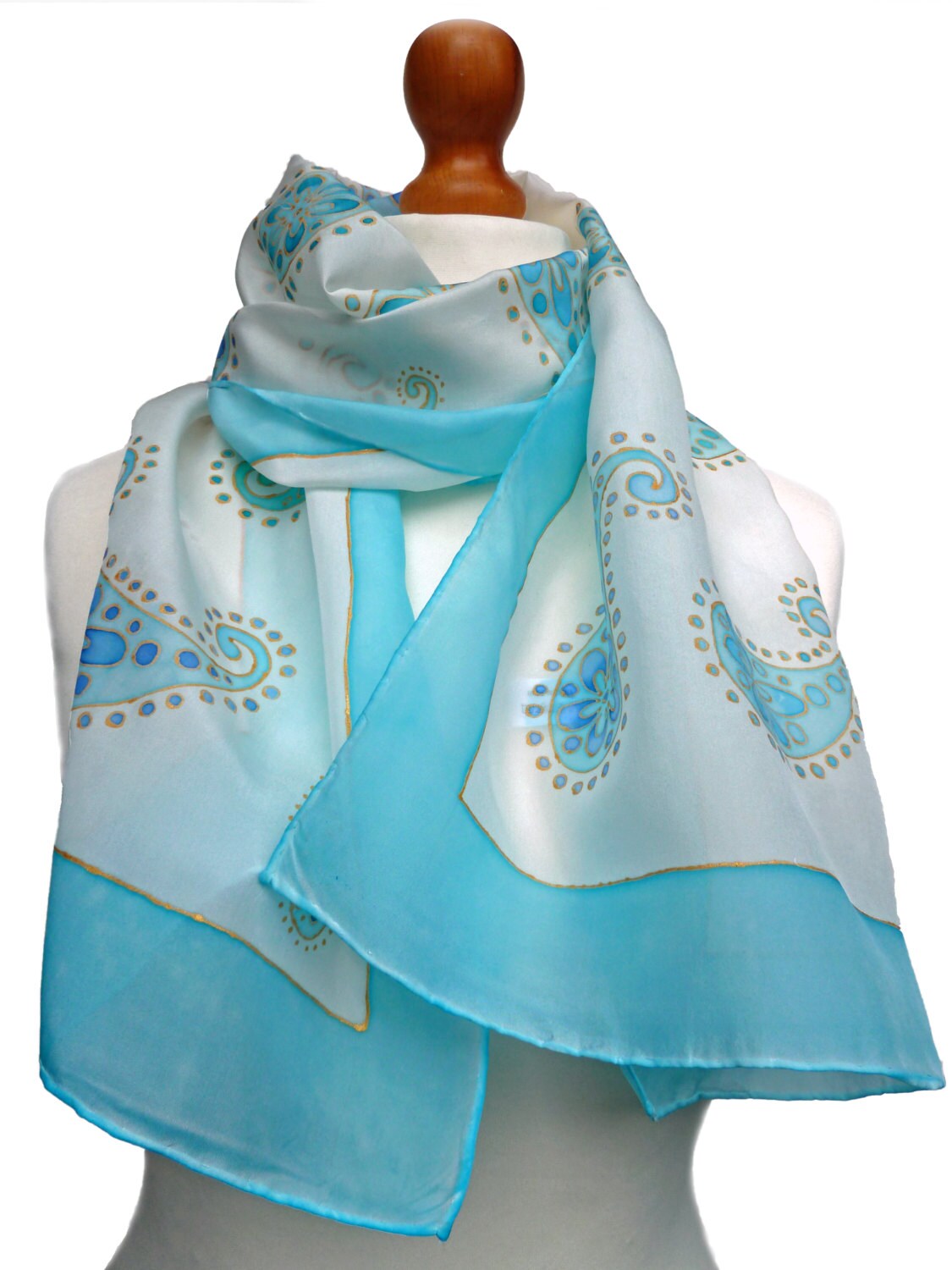Hand Painted, Silk Scarf, Baby Blue and Vanilla Paisley Design - Etsy UK