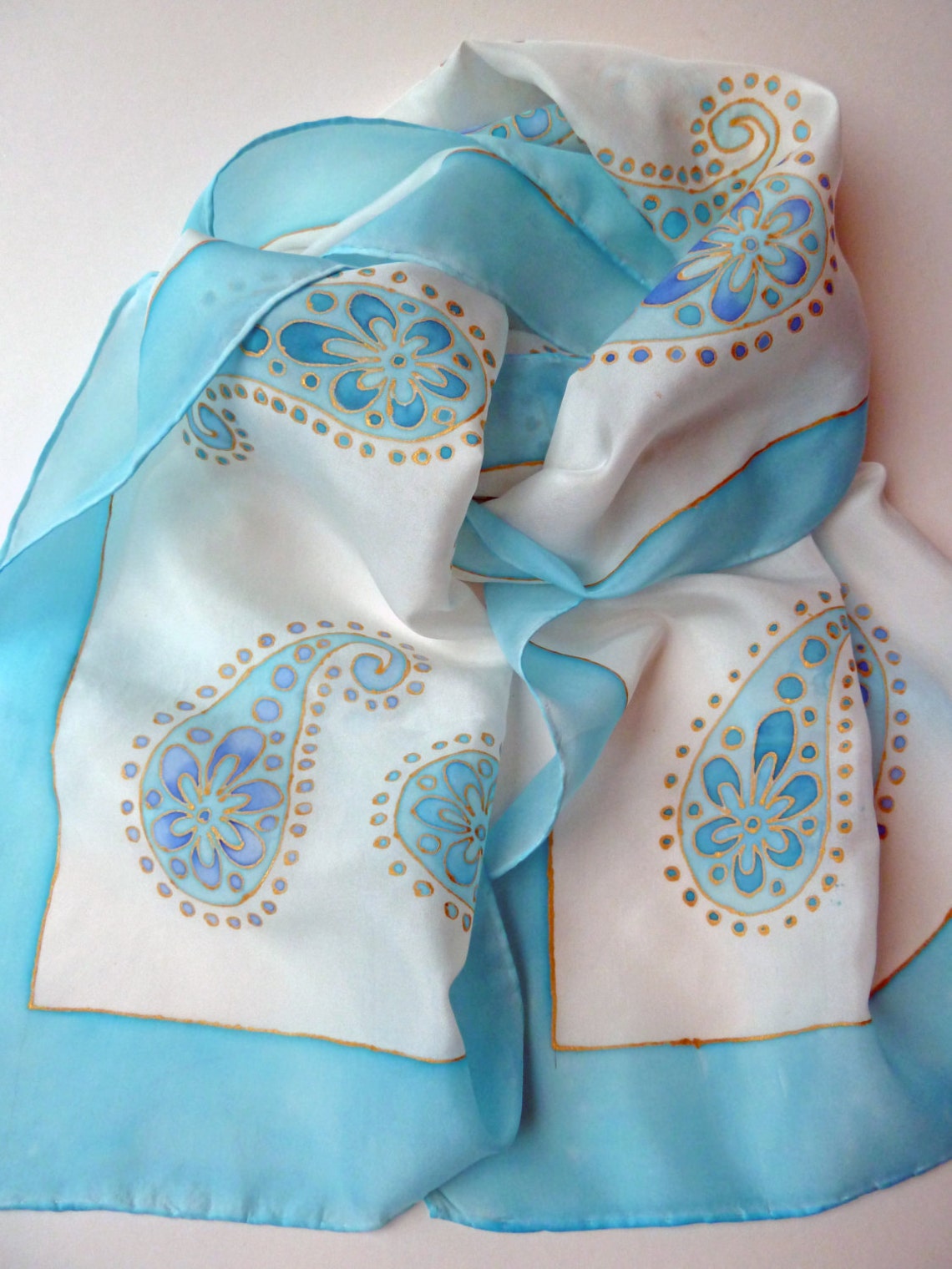 Hand Painted, Silk Scarf, Baby Blue and Vanilla Paisley Design - Etsy UK