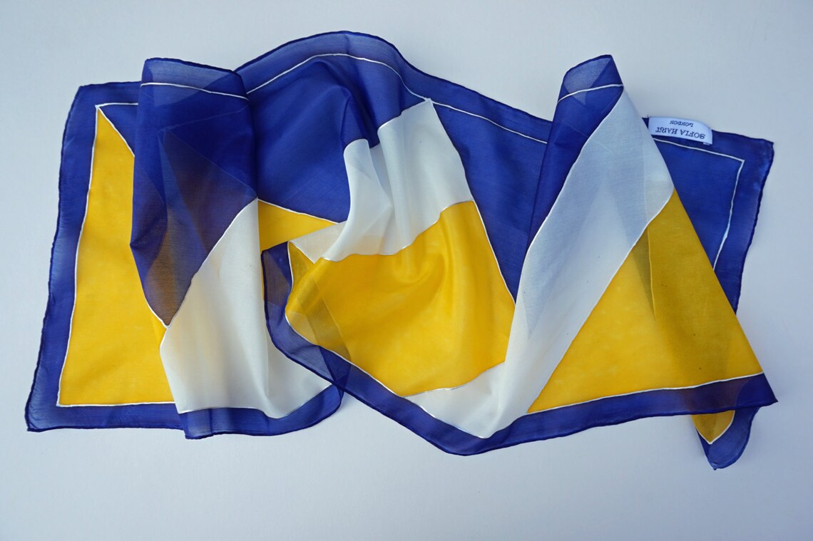 Hand Painted Silk Scarf, Blue, Yellow and White Geometric Pattern - Etsy