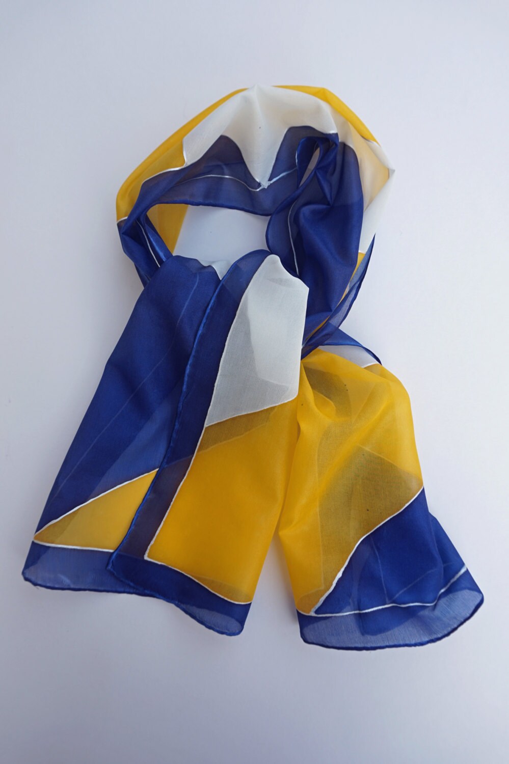 Hand Painted Silk Scarf, Blue, Yellow and White Geometric Pattern - Etsy