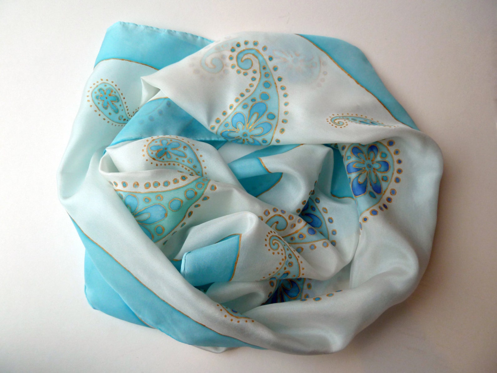 Hand Painted, Silk Scarf, Baby Blue and Vanilla Paisley Design - Etsy UK