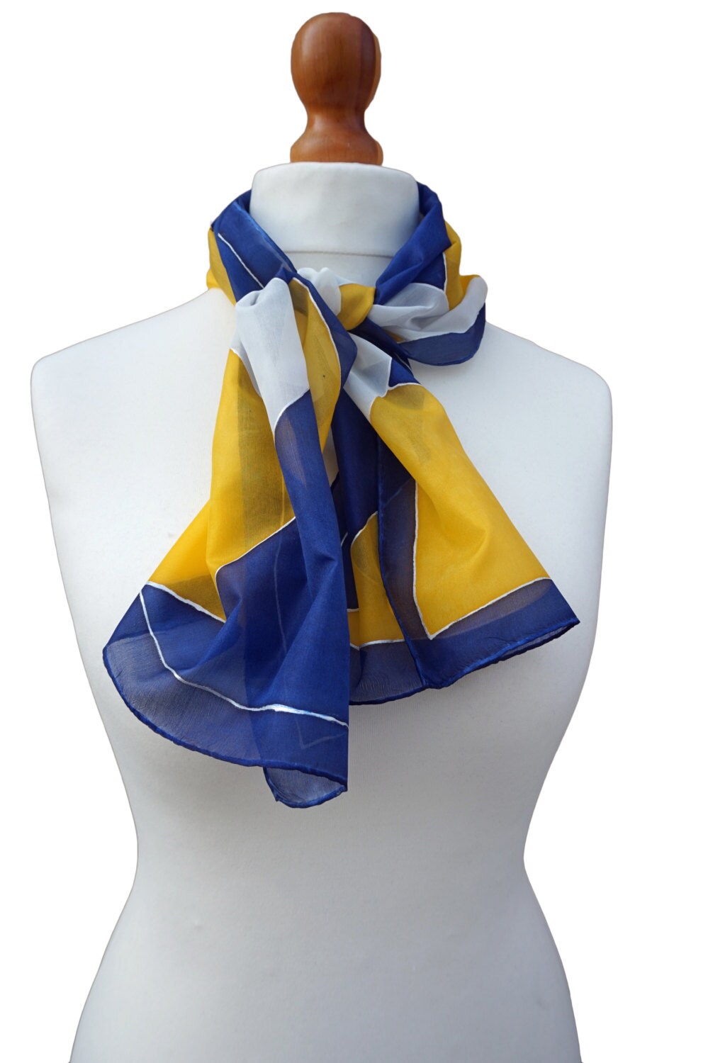 Hand Painted Silk Scarf, Blue, Yellow and White Geometric Pattern - Etsy