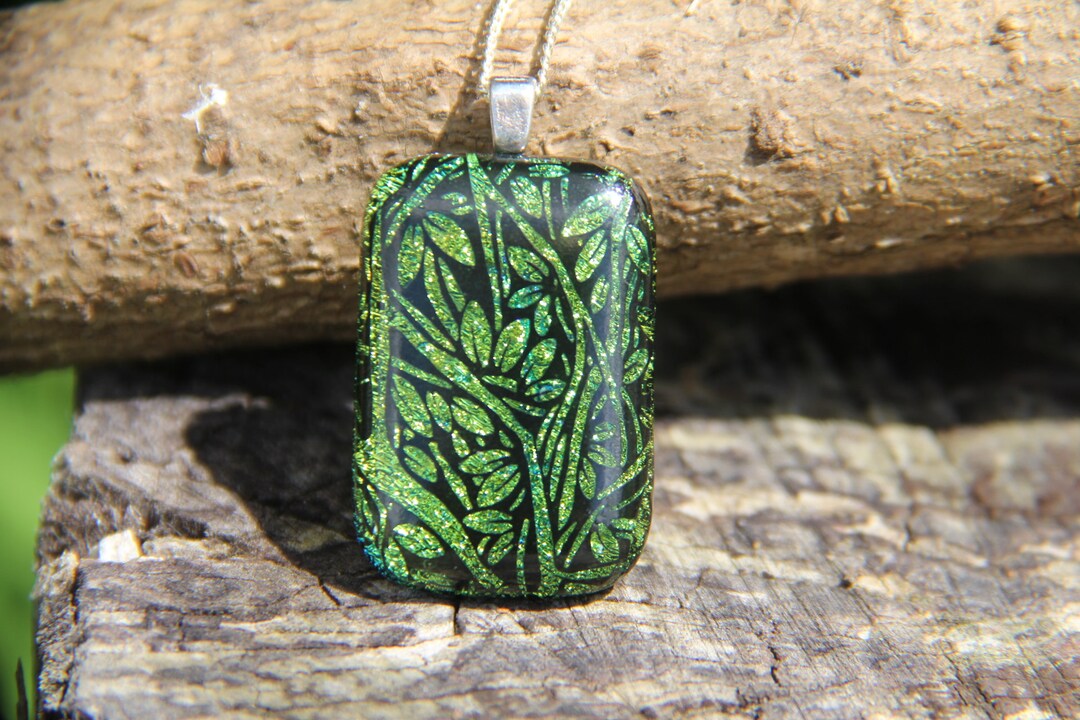 Green Dichroic Glass Pendant, Fused Glass, Dichroic Necklace, Green ...